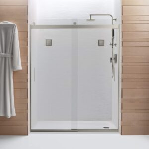 KOHLER Levity® Sliding Shower Door, 74-in H X 56-5/8 - 59-5/8-in W, with 1/4-in Thick Crystal Clear Glass with vertical blade handles, Anodized Dark Bronze