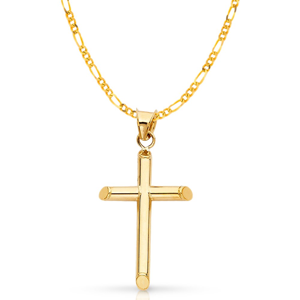 14K Yellow Gold Classic Cross Pendant with 1.9mm Figaro 3+1 Chain Chain Necklace - 20"