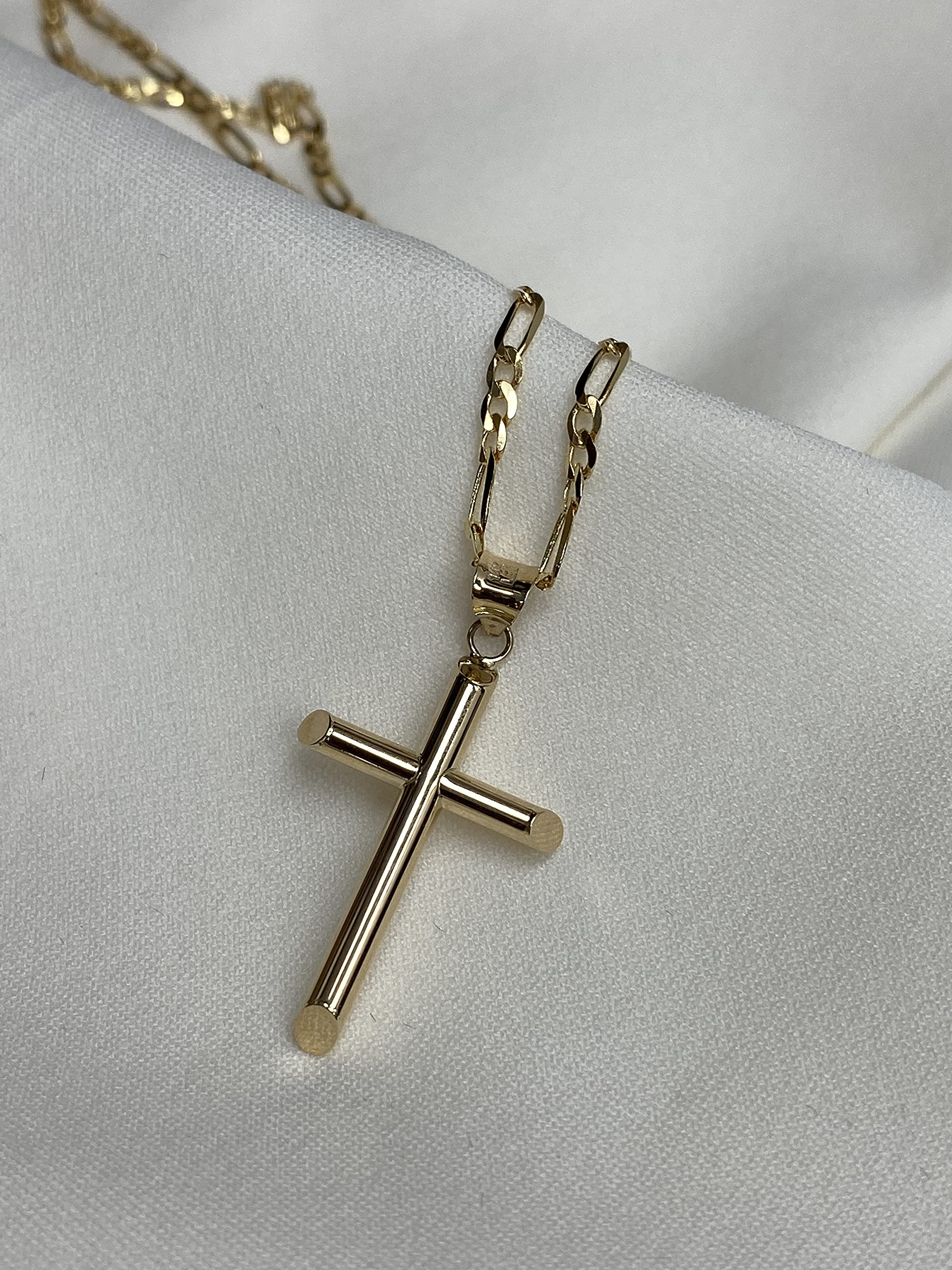 14K Yellow Gold Classic Cross Pendant with 1.9mm Figaro 3+1 Chain Chain Necklace - 20"