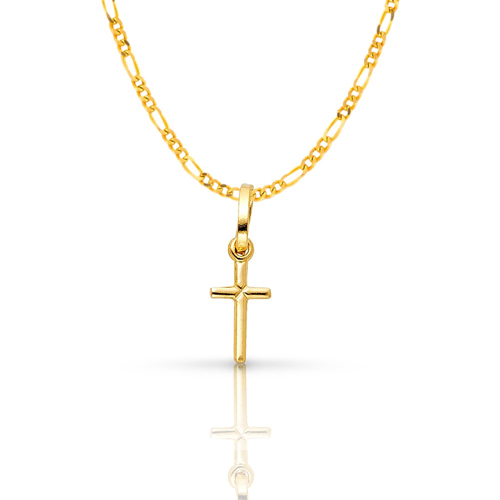 Ioka 14K Yellow Gold Plain Cross Pendant with 1.2mm Figaro 3+1 Chain Chain Necklace - 16"