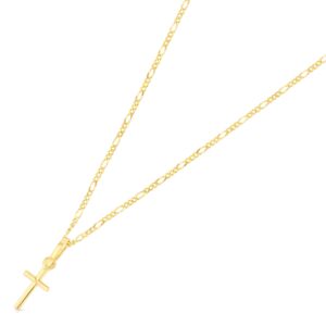 Ioka 14K Yellow Gold Plain Cross Pendant with 1.2mm Figaro 3+1 Chain Chain Necklace - 16"