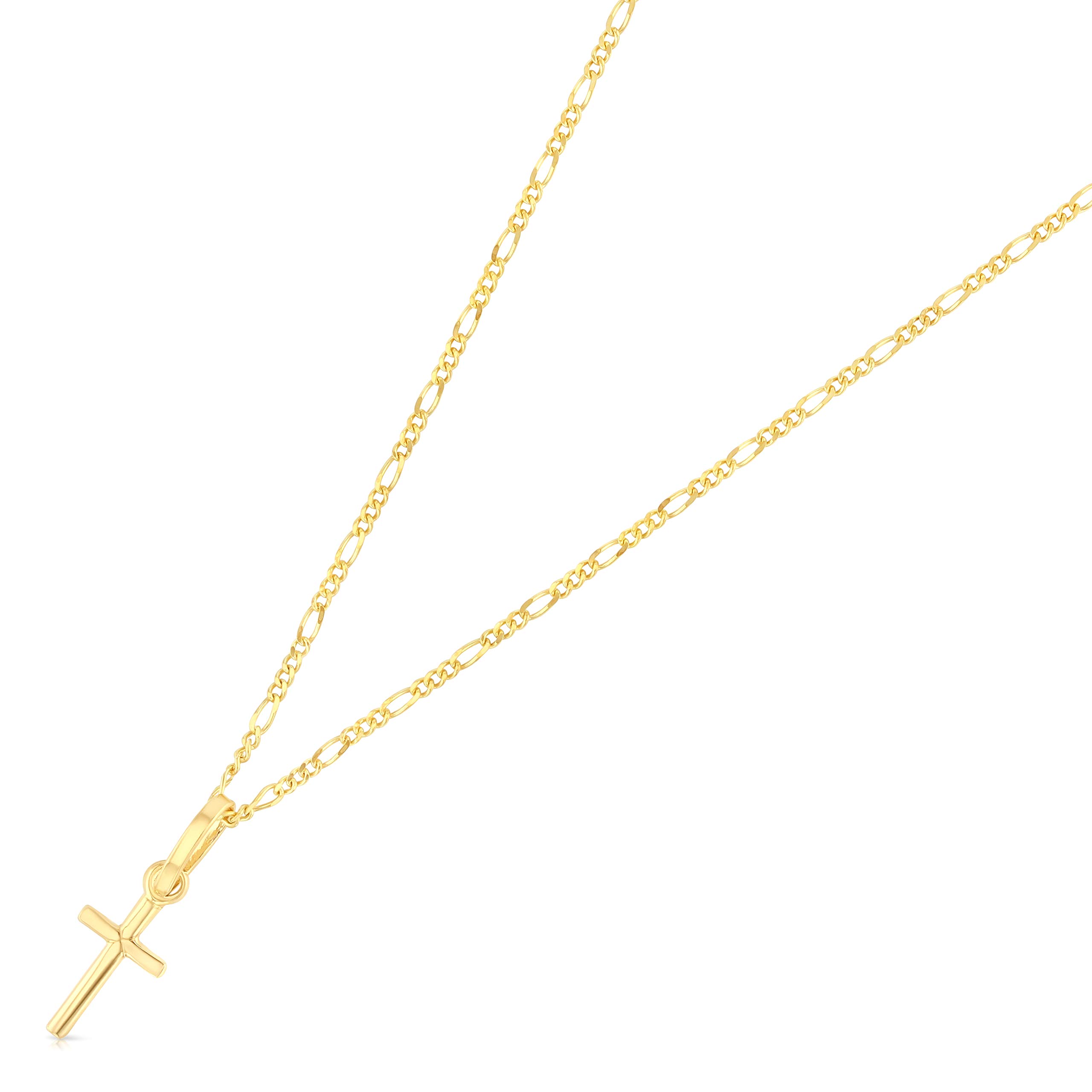 Ioka 14K Yellow Gold Plain Cross Pendant with 1.2mm Figaro 3+1 Chain Chain Necklace - 16"