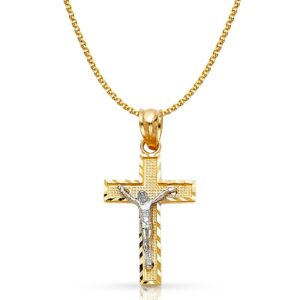 14k two tone gold jesus crucifix cross pendant with 1.4mm flat open wheat chain chain necklace - 22"