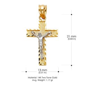 14K Two Tone Gold Jesus Crucifix Cross Pendant with 1.4mm Flat Open Wheat Chain Chain Necklace - 22"