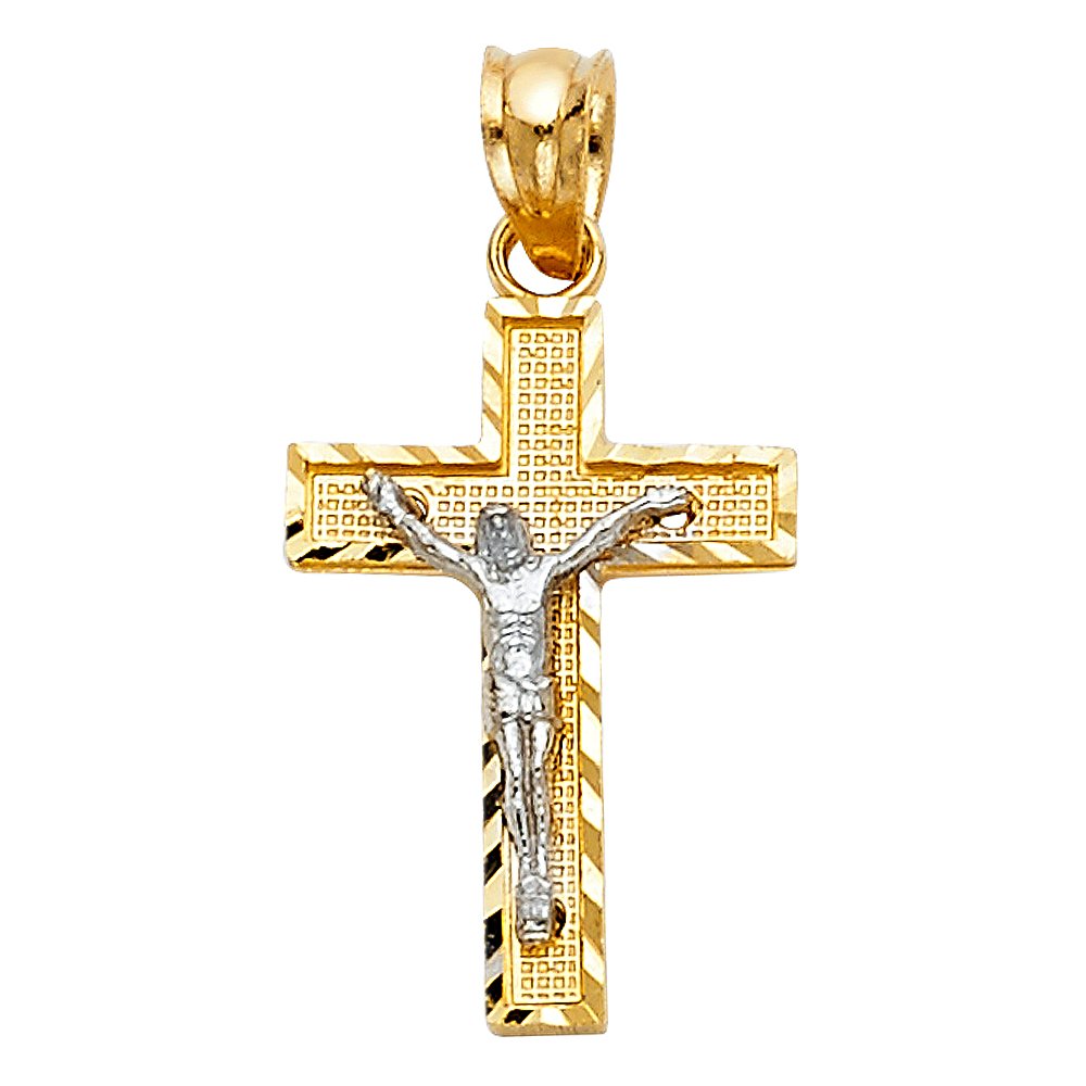 14K Two Tone Gold Jesus Crucifix Cross Pendant with 1.4mm Flat Open Wheat Chain Chain Necklace - 22"