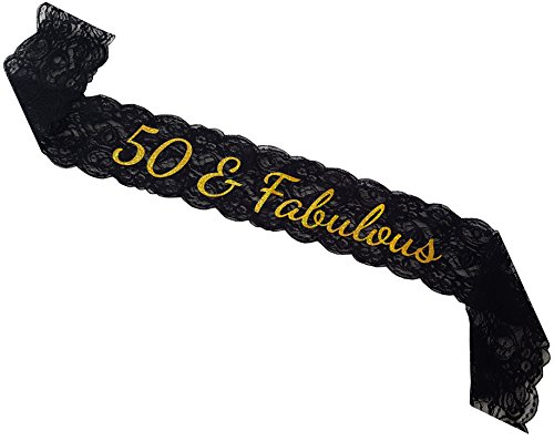 Girlz Nights 50 & Fabulous Lace Sash - 50th Birthday Sash (Black)