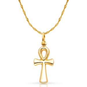 ioka 14k yellow gold egyptian ankh cross pendant with 1.2mm singapore chain chain necklace - 18"