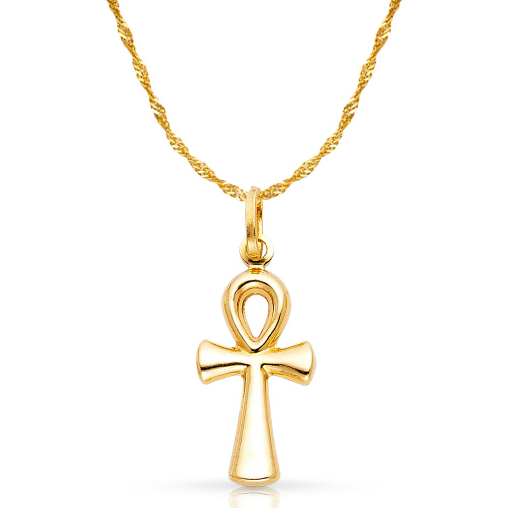 Ioka 14K Yellow Gold Egyptian Ankh Cross Pendant with 1.2mm Singapore Chain Chain Necklace - 18"