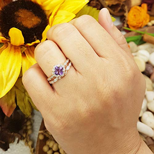 Dazzlingrock Collection 5.5 MM Cushion Amethyst & Round Diamond Ladies Halo Wedding Ring Set in 14K Rose Gold, Size 7.5