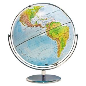 12" world globe with blue oceans, raised relief, silver, semi-meridian