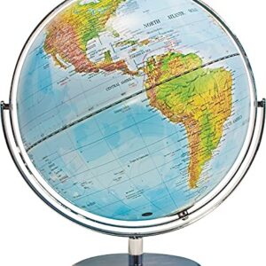 12" World Globe with Blue Oceans, Raised Relief, Silver, Semi-Meridian