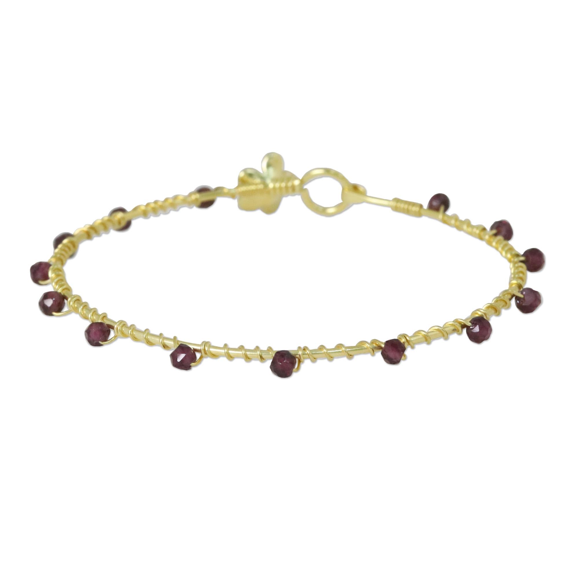 NOVICA Artisan Gold Plated Garnet Bangle Bracelet Floral from Thailand Red Tone Birthstone [7.5 in Inner Circ. 4 mm W] ' Floral Berries'