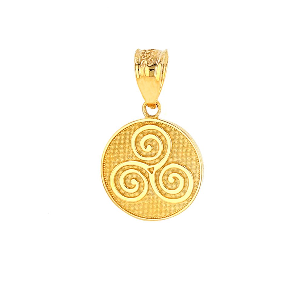 Solid 14k Yellow Gold Celtic Triple Spiral Triskele Round Charm Pendant