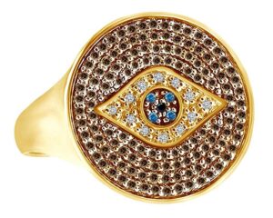 affy round cut simulated blue sapphire natural diamond evil eye circle ring in 14k solid yellow gold