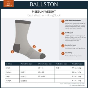 Ballston Medium Weight 86% Merino Wool Socks for Winter & Outdoor Hiking and Trekking - 4 Pairs for Men and Women(Lunar Gray, M (Fits Men's Shoe 5-9, Women's 6-10))