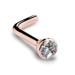 i1 2mm 0.03ct. t.w. diamond flush bezel set diamond 14k rose gold l-shape nose ring 20g