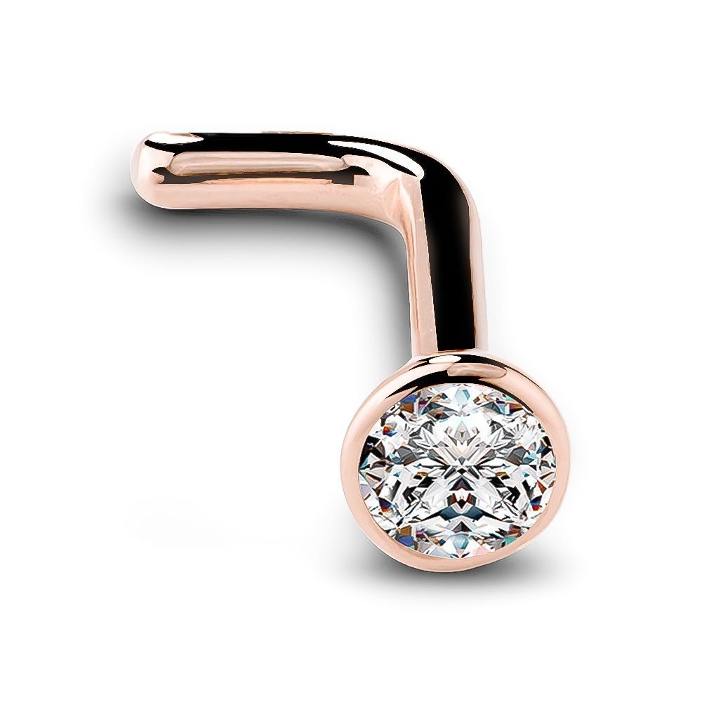 I1 2mm 0.03ct. t.w. Diamond Flush Bezel Set Diamond 14K Rose Gold L-Shape Nose Ring 20G