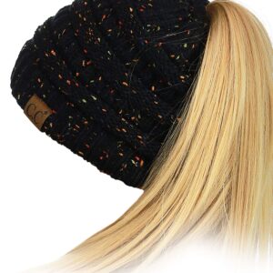 C.C BeanieTail Soft Stretch Cable Knit Messy High Bun Ponytail Beanie Hat, Confetti Black