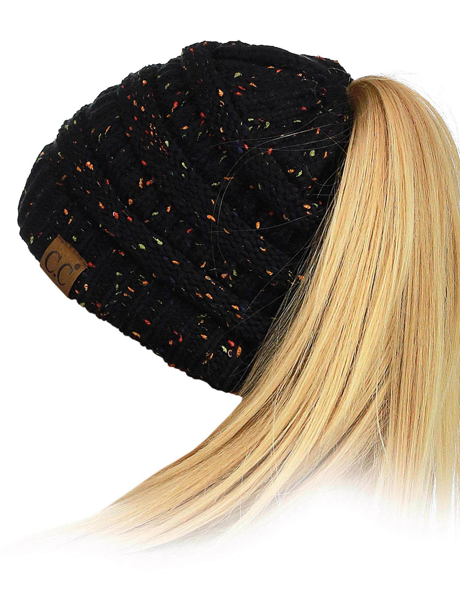 C.C BeanieTail Soft Stretch Cable Knit Messy High Bun Ponytail Beanie Hat, Confetti Black