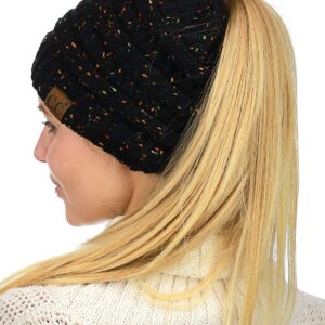 C.C BeanieTail Soft Stretch Cable Knit Messy High Bun Ponytail Beanie Hat, Confetti Black