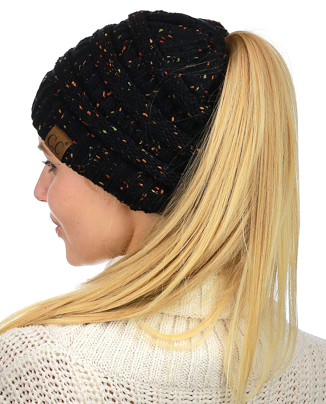 C.C BeanieTail Soft Stretch Cable Knit Messy High Bun Ponytail Beanie Hat, Confetti Black