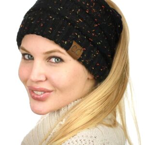 C.C BeanieTail Soft Stretch Cable Knit Messy High Bun Ponytail Beanie Hat, Confetti Black