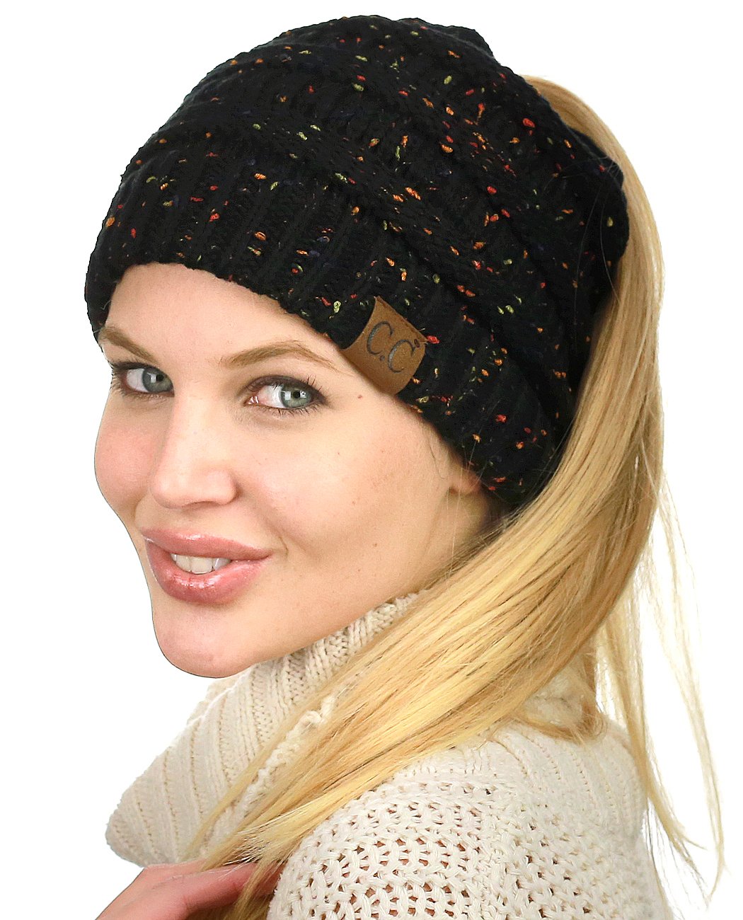 C.C BeanieTail Soft Stretch Cable Knit Messy High Bun Ponytail Beanie Hat, Confetti Black