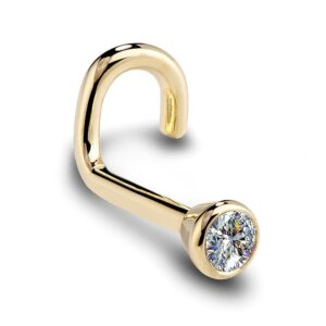 i1 2mm 0.03ct. t.w. diamond flush bezel set diamond 14k yellow gold twist nose ring 20g