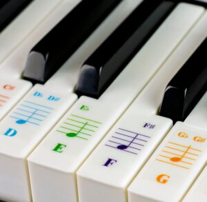 qmg piano keyboard stickers for 88/76/61/54/49/37 key large letter piano stickers for learning, removable piano keyboard letters, notes label for beginners and kids, made in usa