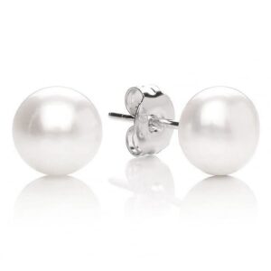 MABELLA 925 Sterling Silver AAA Genuine Freshwater Cultured Pearl White Button Stud Earrings Jewelry Gifts for Women 8mm