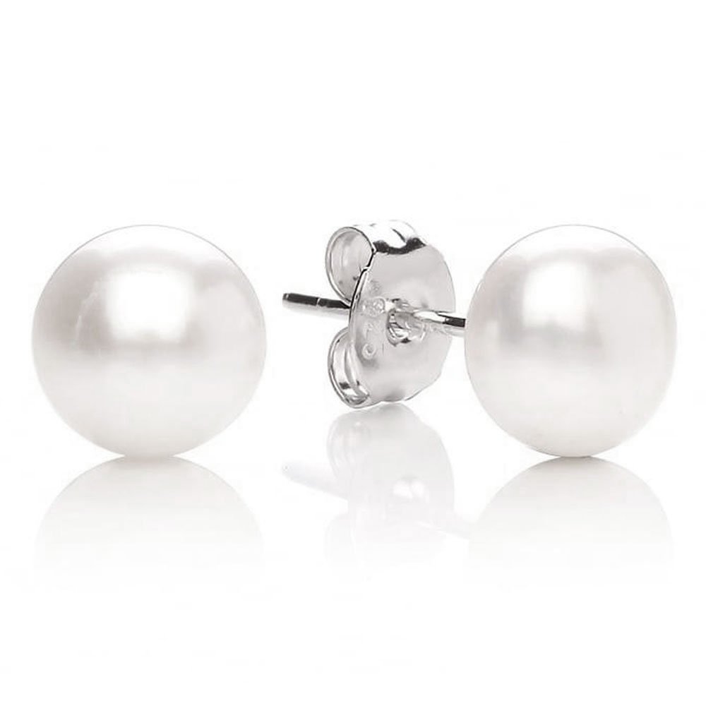 MABELLA 925 Sterling Silver AAA Genuine Freshwater Cultured Pearl White Button Stud Earrings Jewelry Gifts for Women 8mm