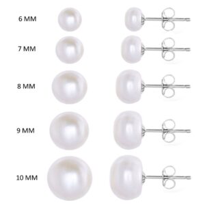 MABELLA 925 Sterling Silver AAA Genuine Freshwater Cultured Pearl White Button Stud Earrings Jewelry Gifts for Women 8mm