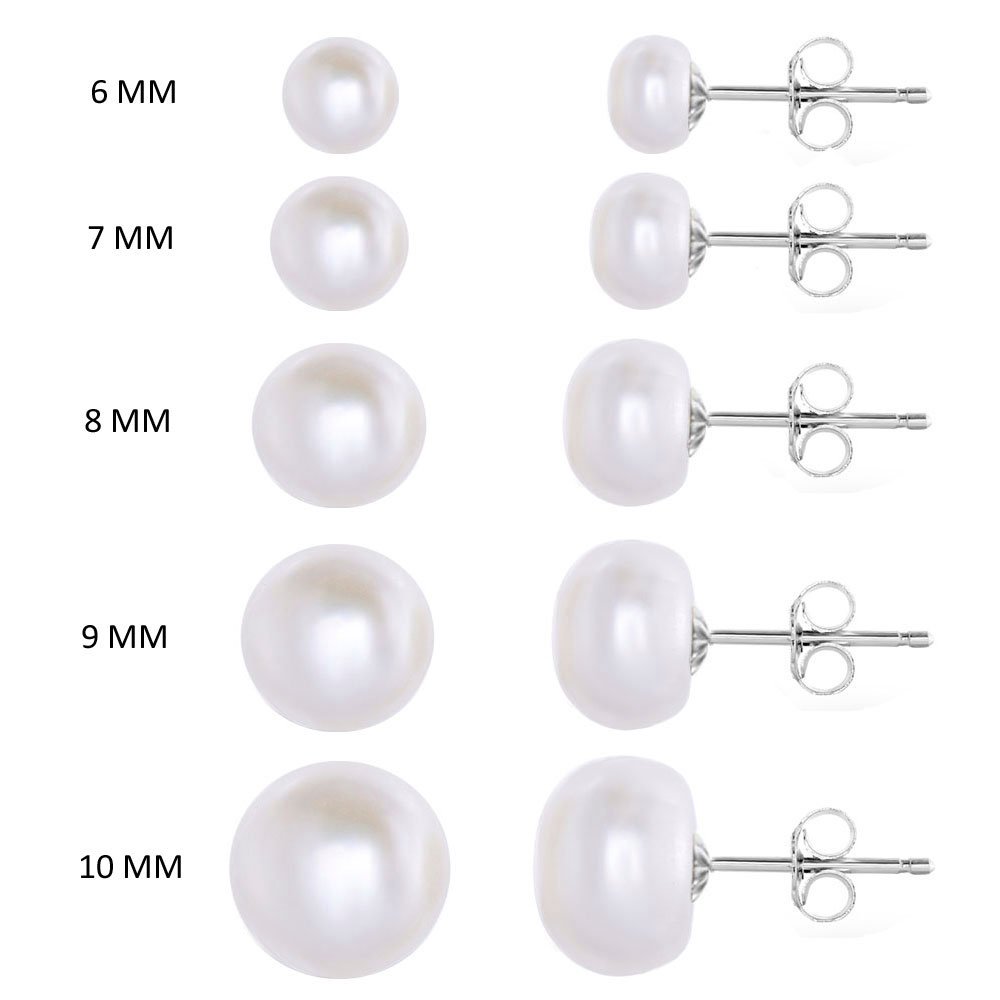 MABELLA 925 Sterling Silver AAA Genuine Freshwater Cultured Pearl White Button Stud Earrings Jewelry Gifts for Women 6mm