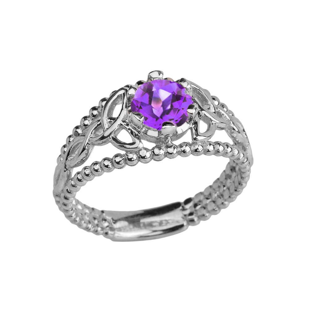 Sterling Silver Modern Beaded Celtic Trinity Knot Engagement Ring with Genuine Amethyst (Size 5)