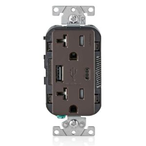 leviton t5833-b type a & type-c usb in-wall charger with 20a tamper-resistant outlet, usb charger for smartphones and tablets. not for laptops, brown