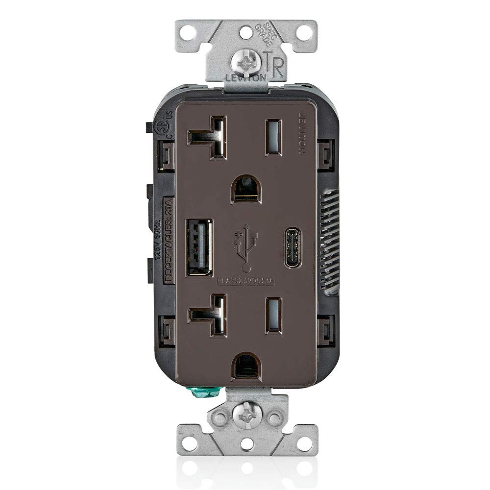 Leviton T5833-B Type A & Type-C USB In-Wall Charger with 20A Tamper-Resistant Outlet, USB Charger for Smartphones and Tablets. Not for Laptops, Brown