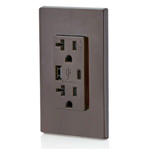 Leviton T5833-B Type A & Type-C USB In-Wall Charger with 20A Tamper-Resistant Outlet, USB Charger for Smartphones and Tablets. Not for Laptops, Brown