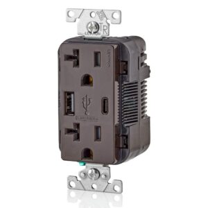 Leviton T5833-B Type A & Type-C USB In-Wall Charger with 20A Tamper-Resistant Outlet, USB Charger for Smartphones and Tablets. Not for Laptops, Brown