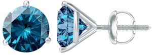 houston diamond district 3/4 carat total weight blue diamond solitaire stud earrings pair 14k white gold popular premium collection 3 prong screw back