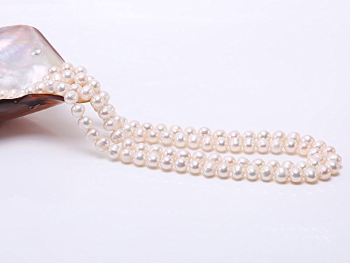 JYX Pearl Long Strand Necklace Natural White 8mm Flat Round Freshwater Cultured Pearl Necklace Endless Sweater Necklace 64"