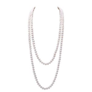 JYX Pearl Long Strand Necklace Natural White 8mm Flat Round Freshwater Cultured Pearl Necklace Endless Sweater Necklace 64"