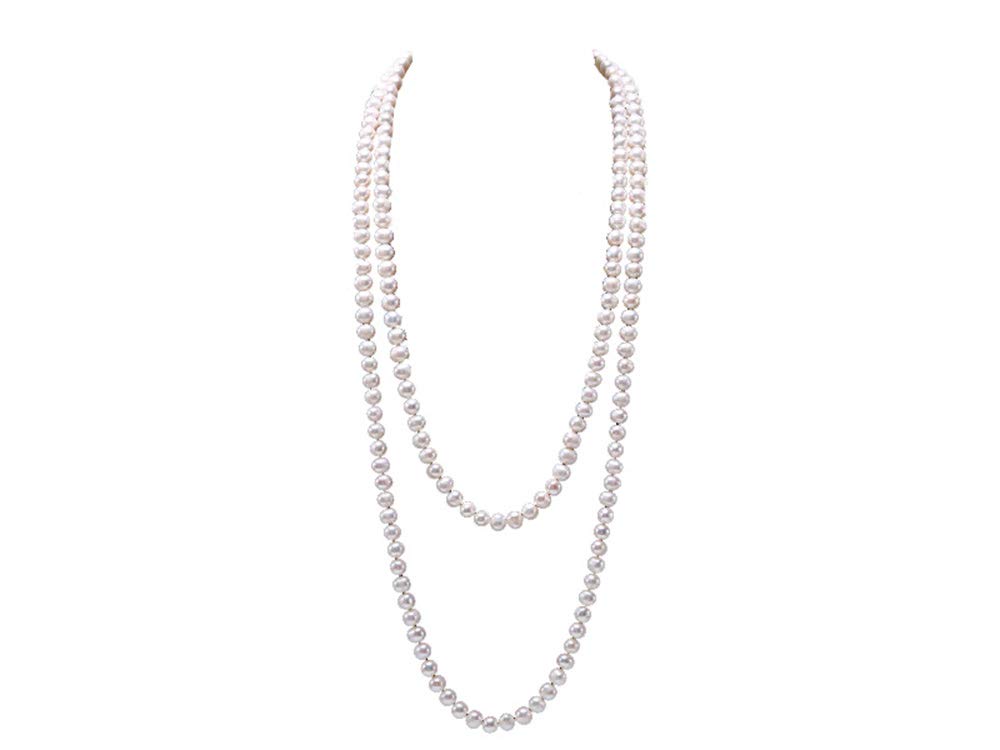 JYX Pearl Long Strand Necklace Natural White 8mm Flat Round Freshwater Cultured Pearl Necklace Endless Sweater Necklace 64"