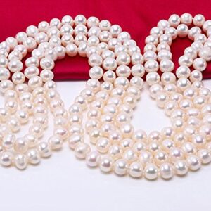 JYX Pearl Long Strand Necklace Natural White 8mm Flat Round Freshwater Cultured Pearl Necklace Endless Sweater Necklace 64"