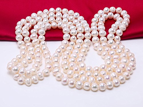 JYX Pearl Long Strand Necklace Natural White 8mm Flat Round Freshwater Cultured Pearl Necklace Endless Sweater Necklace 64"