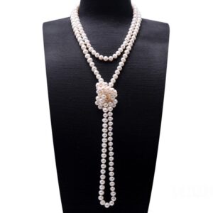 JYX Pearl Long Strand Necklace Natural White 8mm Flat Round Freshwater Cultured Pearl Necklace Endless Sweater Necklace 64"