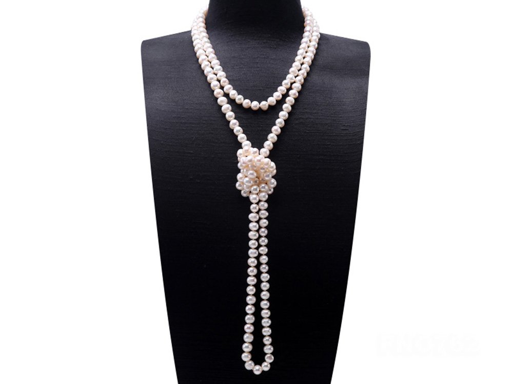 JYX Pearl Long Strand Necklace Natural White 8mm Flat Round Freshwater Cultured Pearl Necklace Endless Sweater Necklace 64"