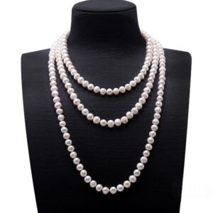 JYX Pearl Long Strand Necklace Natural White 8mm Flat Round Freshwater Cultured Pearl Necklace Endless Sweater Necklace 64"