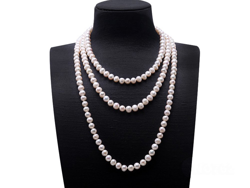 JYX Pearl Long Strand Necklace Natural White 8mm Flat Round Freshwater Cultured Pearl Necklace Endless Sweater Necklace 64"