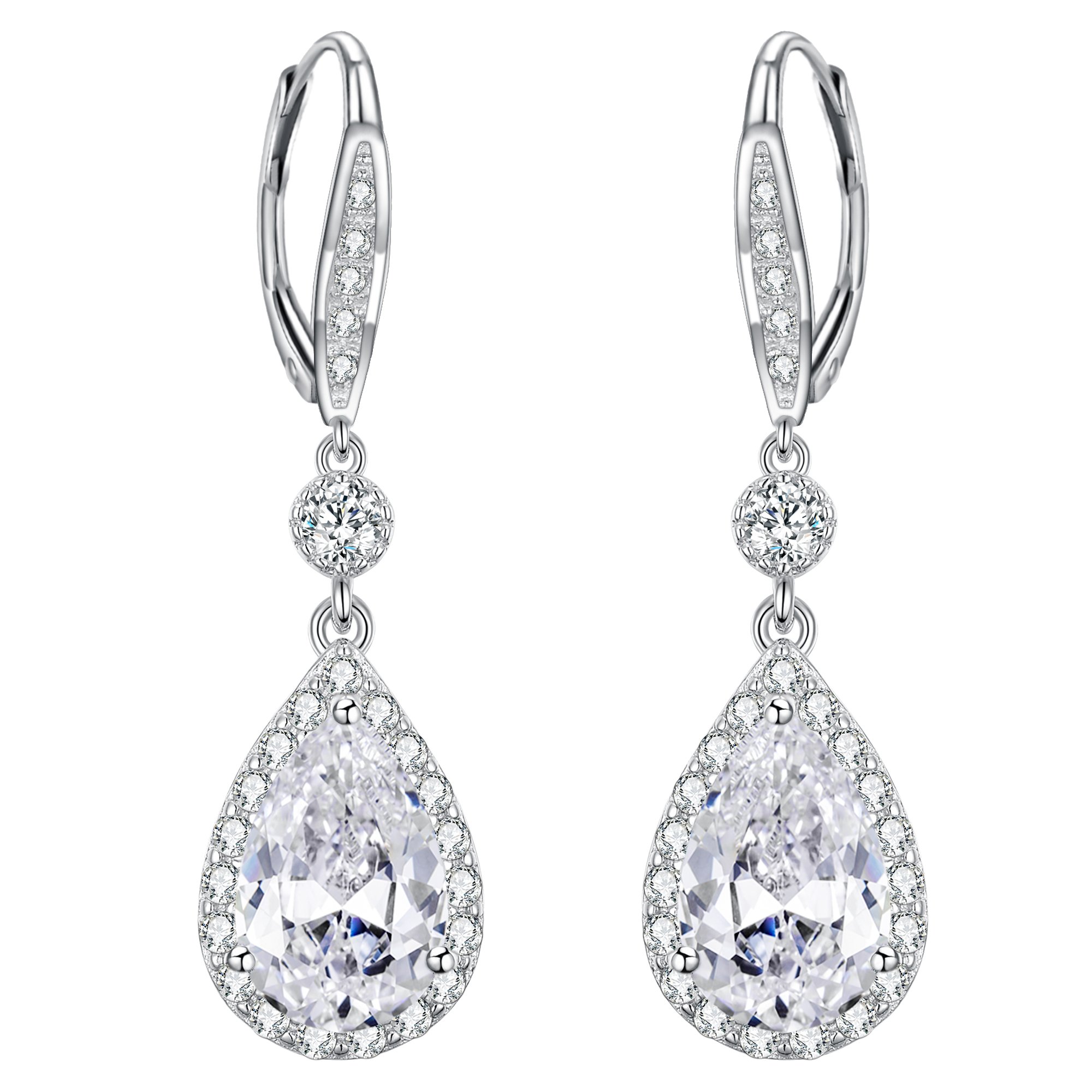 EleQueen Teardrop Lever-back Dangle Earrings 925 Sterling Silver Full Cubic Zirconia Bridal Long Earrings for Women, Valentine's Day/Mother's Day/Christmas Jewelry Gift