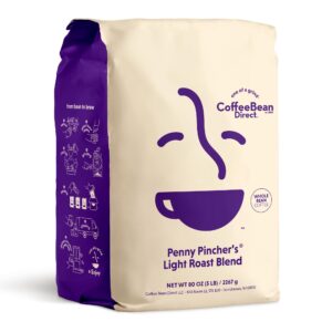 coffee bean direct penny pincher's® light roast blend, whole bean, 5 lb bag